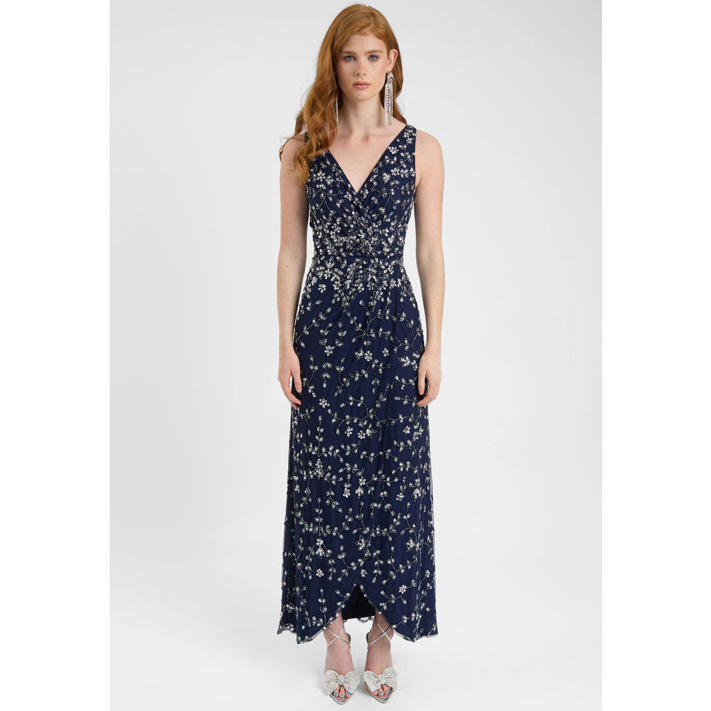 BEAUUT Embellished Sequin Beaded Maxi Dress with Wrap Bottom